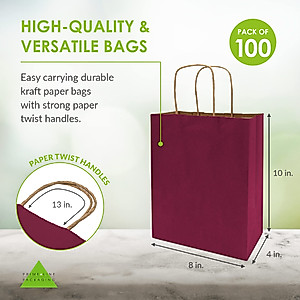 Prime Line Packaging 8x4x10 100 Pack Small Pink Bags with Handles, Kraft Paper Gift Bags, Burgundy Shopping Bags for Small Business Thank You & Goody Bags Bulk