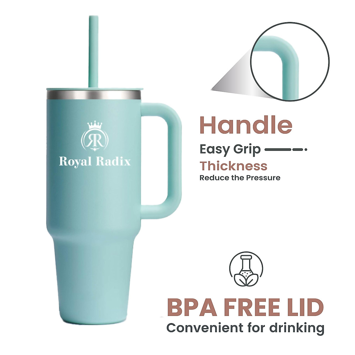 Royal Radix 40oz Insulated Tumbler with Handle & Straw, Stainless Steel Travel Mug, Leak-Proof, Hot & Cold Beverage Cup, BPA-Free, Dishwasher Safe, for Coffee & Water
