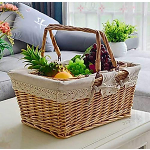 Yesland Wicker Picnic Basket with Liner and Handle, 15.5 x 12 x 6.5 Inches Large Willow Country Picnic Basket/Easter Basket for Bath Toy, Kids Toy Storage, Egg Gathering, Wedding and Candy Gift