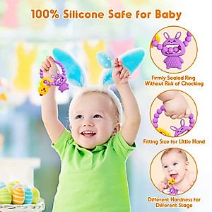 Bunny Easter Teething Toys for Baby 3-6 Months Soft & Easy Grip Silicone Baby Easter Basket Stuffers Infant Teething Toys Relief Chocking-Proof Gifts Boys Girls