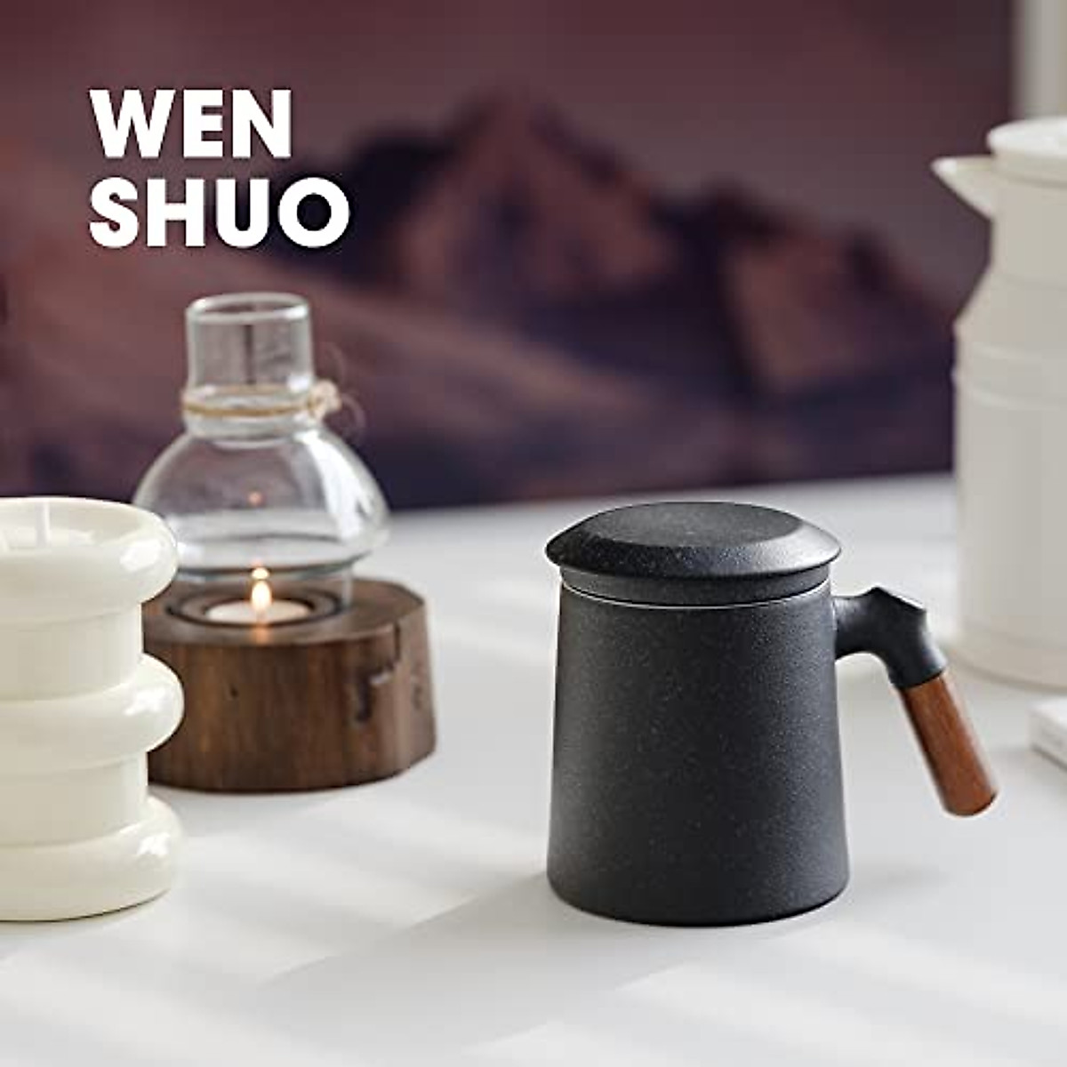 WENSHUO Sandalwood handle Tea Mug, Chinese Ceramic Tea Cup, with Infuser and Lid, 13 oz, Matte Grey