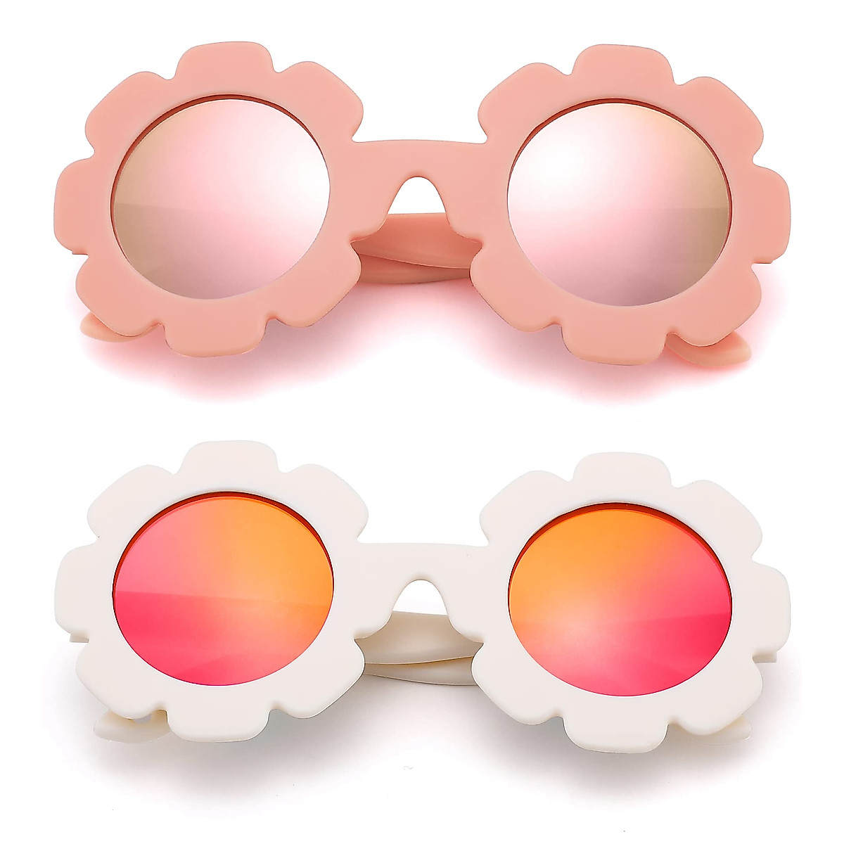 NULOOQ Polarized Baby Sunglasses with Strap – Flexible Flower Shaped Sunglasses for Toddler & Infant Age 0-24 Months (Pink/Pink Mirrored + White/Purple Red Mirrored) - 2 Pack