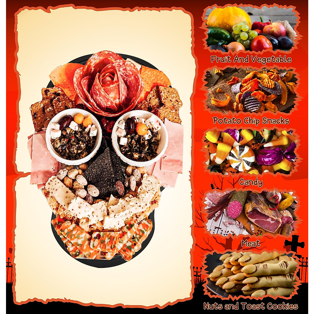 Halloween Charcuterie Boards,Black Skull Serving Trays and Platters, Wooden Cheese Board Candy Bowl Gothic Kitchen Dishes Halloween Party Day of The Dead Decor