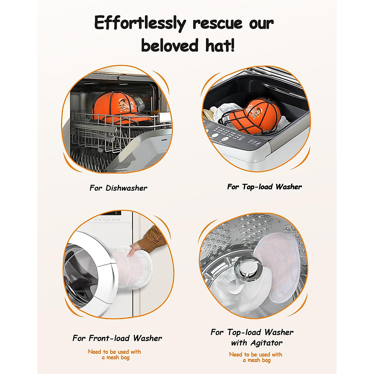 XQXA Hat Washer Cage - No Assembly Needed Hat Cleaner | Perfect Fit for Adult and Kids Hats | Ideal for Baseball Caps | Safe for Dishwasher and Washing Machine | Black, 1-Pack