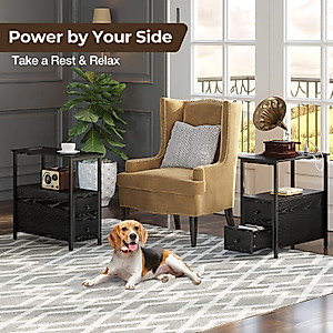 Rolanstar End Table with Charging Station, Narrow Side Table with 2 Wooden Drawers, USB Ports and Power Outlets, Nightstand Sofa Table for Small Spaces, Living Room, Bedroom, Black