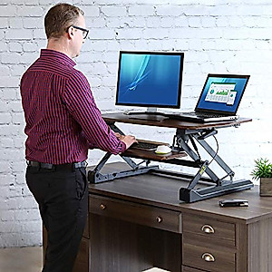Seville Classics AIRLIFT 36" Gas-Spring Height Adjustable Standing Desk Converter Workstation Ergonomic Dual Monitor Riser with Keyboard Tray and Phone/Tablet Holder, Walnut