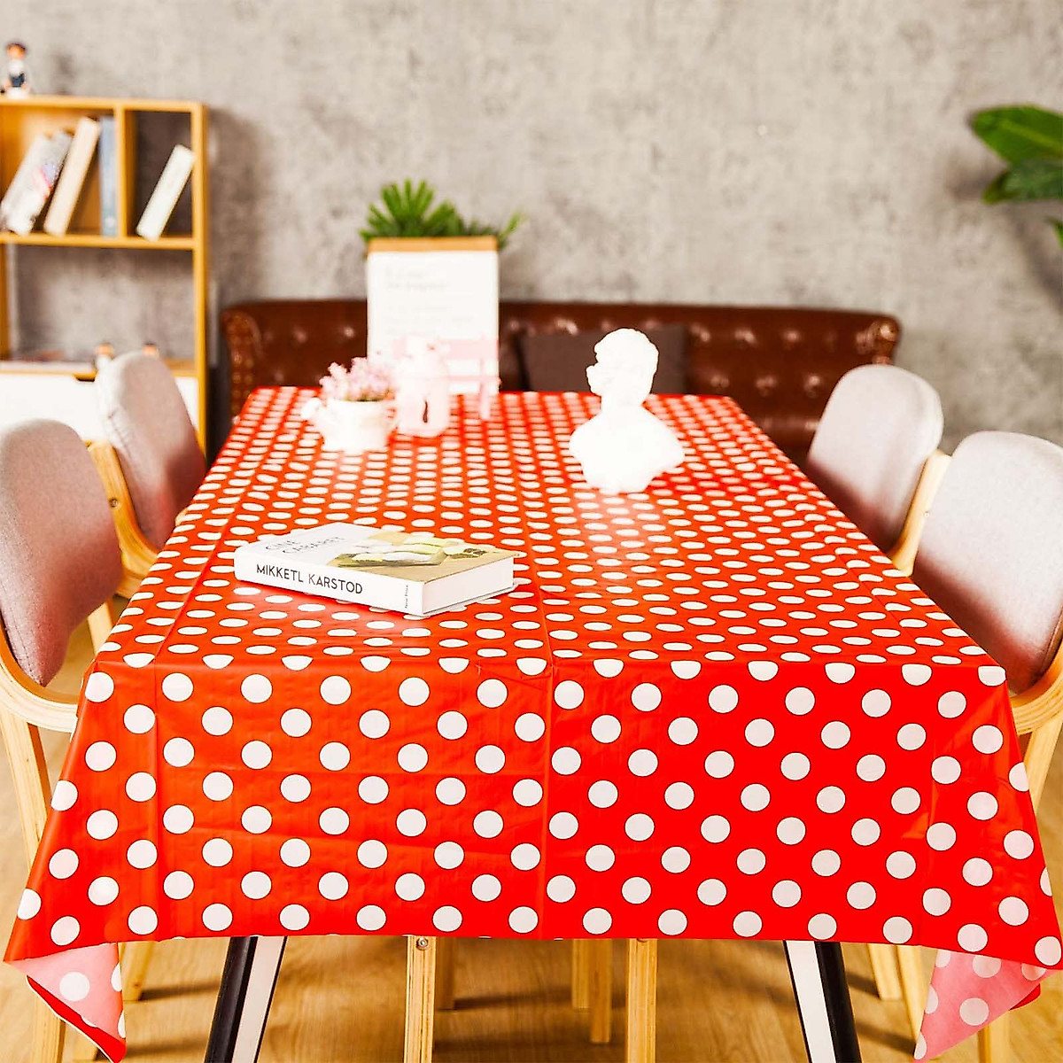 ZJDHPTY 3Pack Plastic Table Cloth Disposable for Rectangle Tables, Red Polka Dot Table Cloths for Birthday Christmas and Mickey Mouse Theme Party Decorations Size 54x108 Inch (Red+White dots)