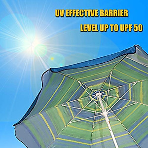 Ogrmar 7FT Beach Umbrella with Sand Anchor & Carry Bag, Portable Outdoor Windproof Sun Umbrella Sun 50+ Protection Umbrella with Push Button Tilt & Air Vent (Green Stripe)