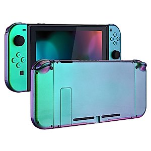 eXtremeRate DIY Replacement Shell Buttons for Nintendo Switch, Custom Back Plate for Switch Console, Housing Case with Full Set Buttons for Joycon Handheld Controller - Chameleon Green Purple