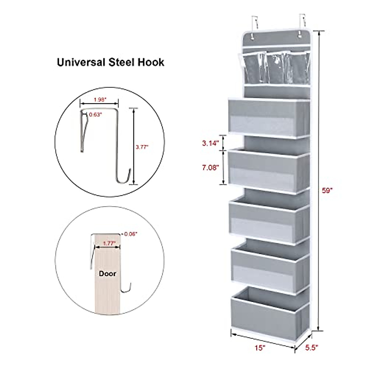 Univivi Over Door Hanging Organizer Storage with 5 Large Pockets and 3 Small PVC Pockets for Cosmetics Wall Hanging Storage Organizer for Pantry Baby Nursery Bathroom Closet Dorm, (Grey)