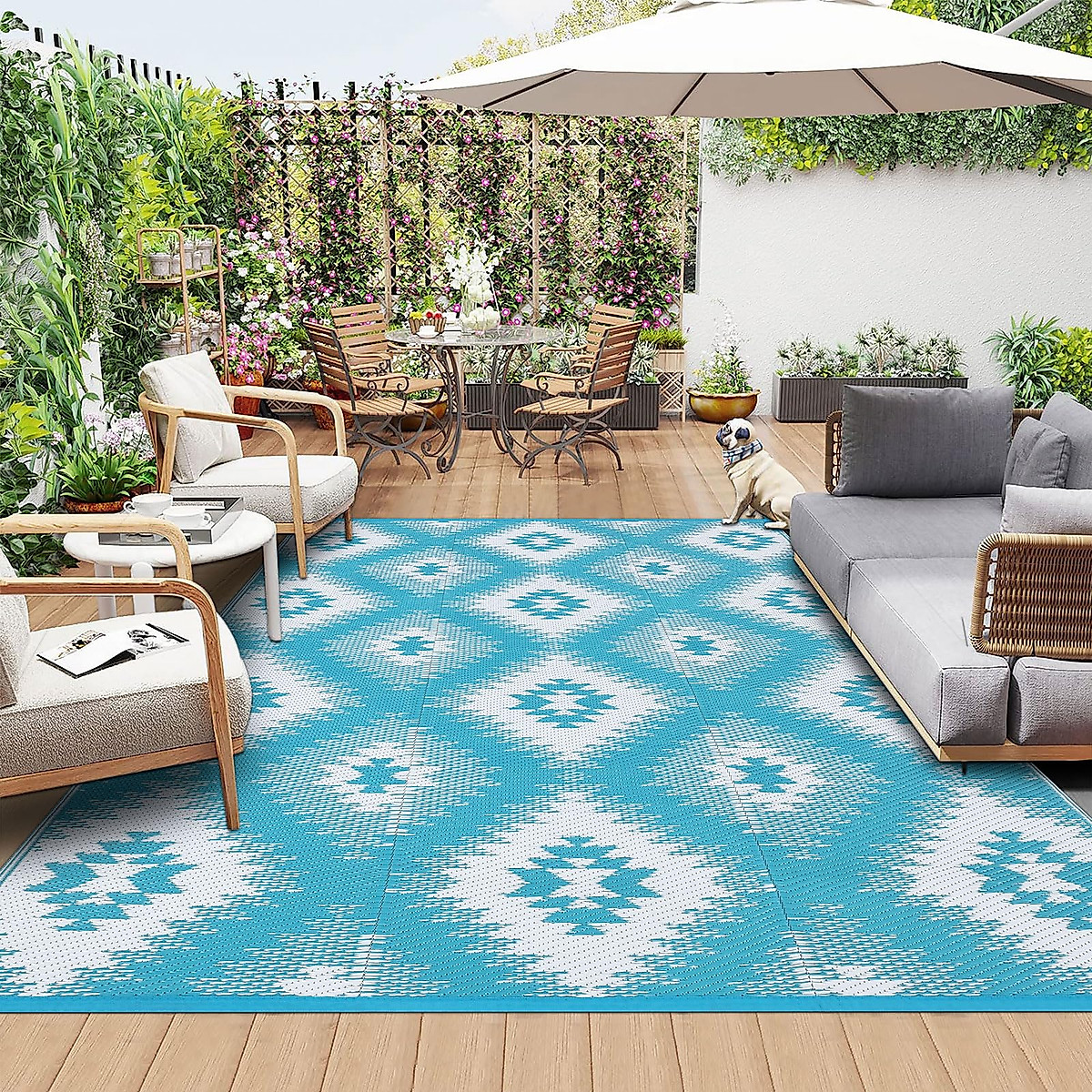 Ileading Reversible Outdoor Rug 4x6Ft Waterproof Patio Rug Carpet Portable Outdoor Plastic Straw Rug Large RV Camping Mat Rug for Patio, Clearance, Deck, Beach, Porch, Camping, Picnic, Gradual Teal