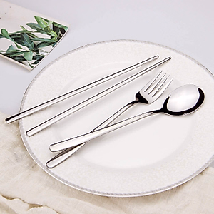 IQCWOOD Spoons and Forks Set, Flatware Set, 3 Pair Forks and Spoons Silverware Korean Utensil Set, Stainless Steel Korean Chopsticks Spoons and Fork Set, Dinnerware Portable Utensils for Home