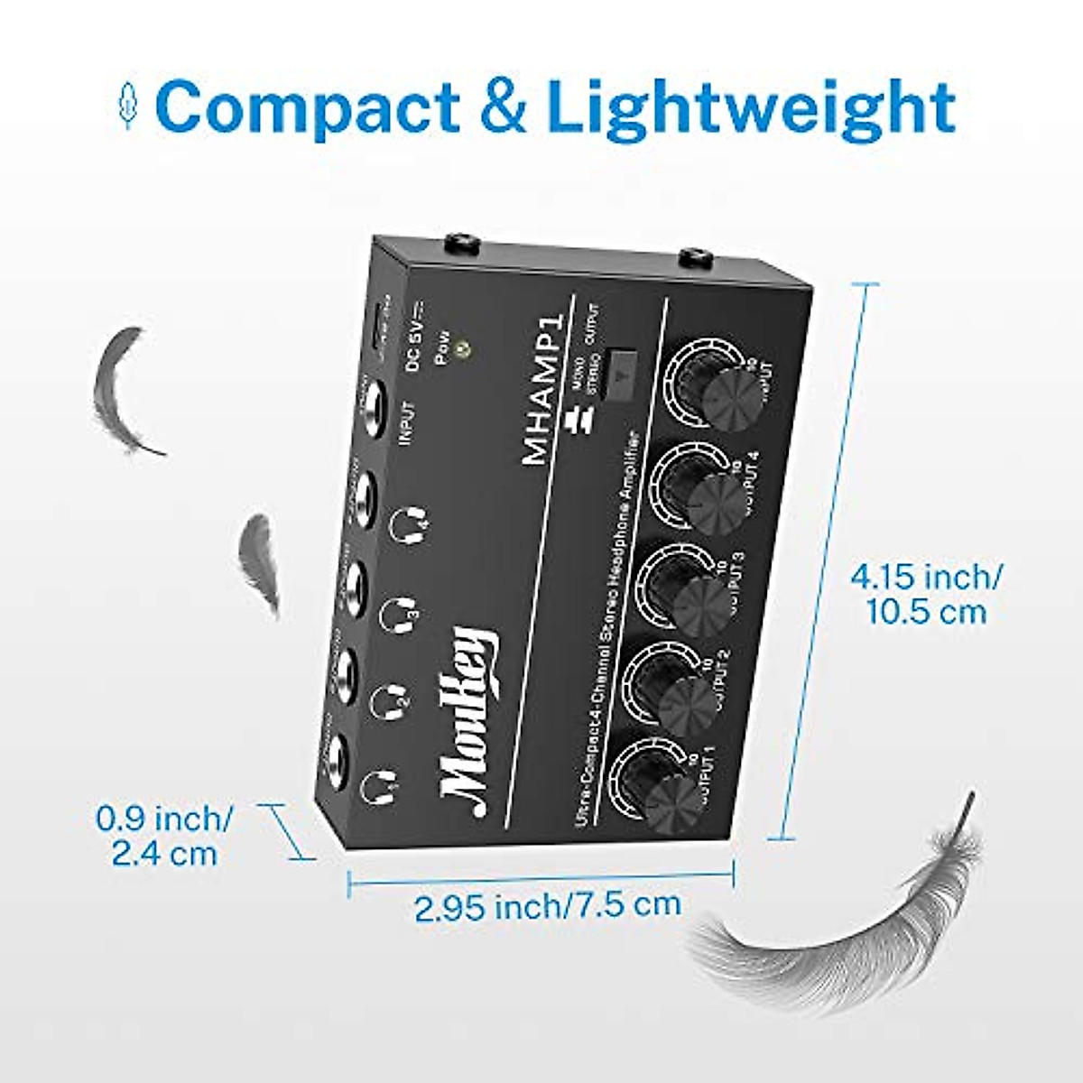 Moukey Headphone Amp Amplifier 4 Channels Metal Stereo Audio Amplifier,Mini Headphone amplifier portable - 4x Quarter Inch Balanced TRS Headphone Output and TRS Audio Input, DC5V Power Supply-MHAMP1