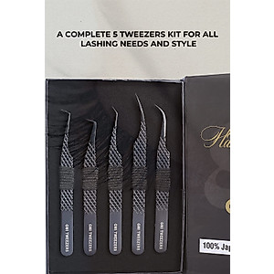 GMI Lash Tweezers - Set of 5 Eyelash Tweezers- Stainless Steel Eyelash Extension Tweezers - Multipurpose Lash Tweezers for Eyelash Extensions for Individual. (Black)
