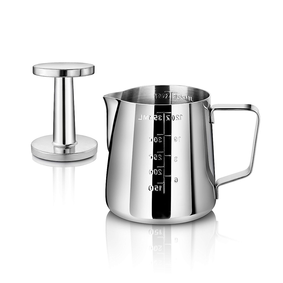 New Star Foodservice 28829 Commercial Grade Stainless Steel 18/8 12 oz Frothing Pitcher and Die Cast Aluminum Tamper Combo Set, Silver