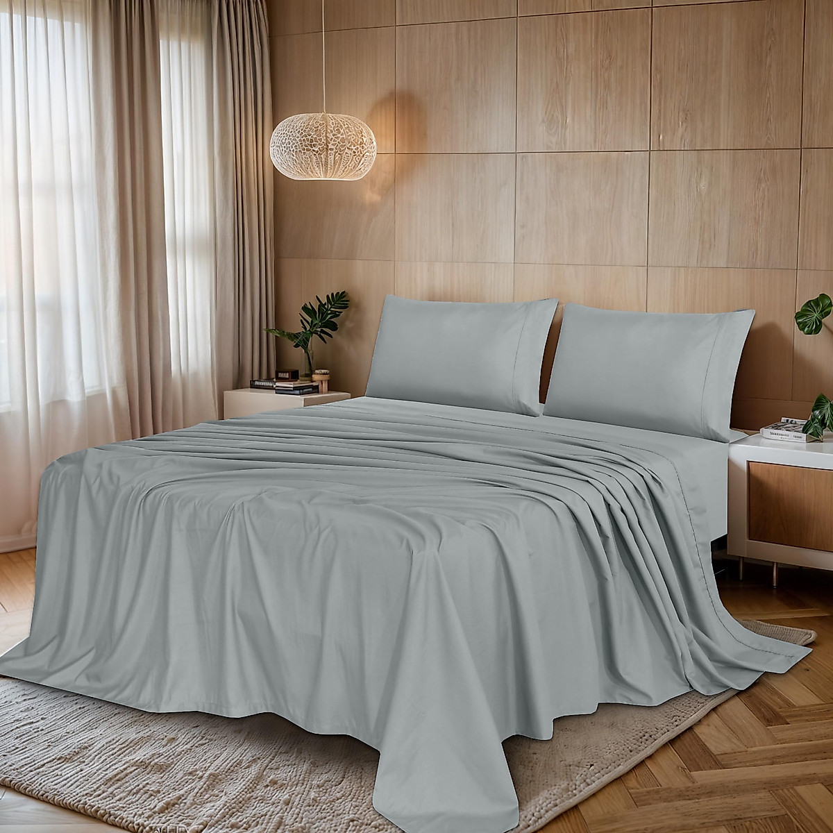 RUVANTI Full Size Sheets Set, Brushed Microfiber Sheets 4 Pieces (1 Fitted Sheet, 1 Flat Sheet, 2 Pillowcases), with 15-inch Deep Pockets, Lightweight & Compfy Premium Hotel Bedding, Light Grey