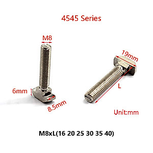 M8X25 T Slot Bolt Carbon Steel Hammer Head Bolt for 4545 Series T Slot Aluminum Extrusion European Standard (20 Pieces)