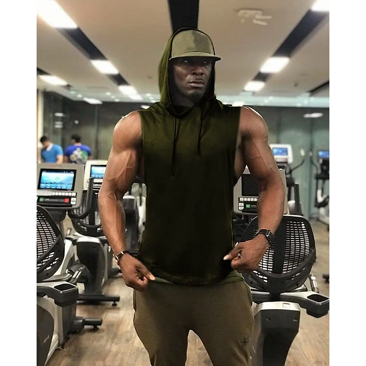 Babioboa Men's Workout Hooded Tank Tops Lightweight Athletic Sleeveless Shirts Gym Hooded Tank Tops(Army Green Medium)