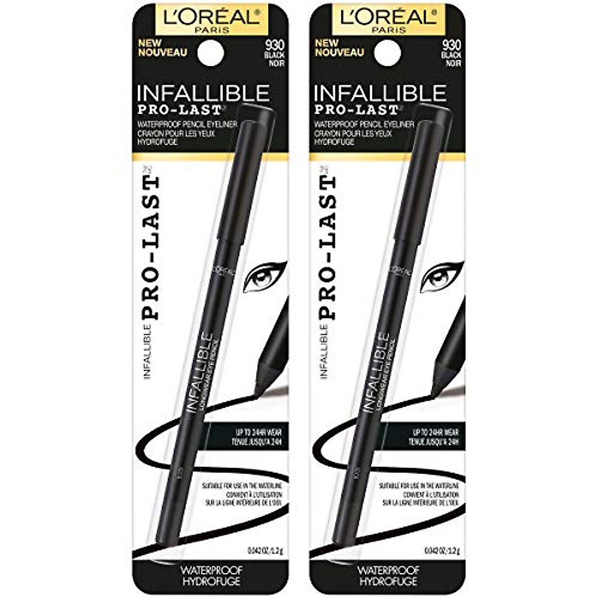 L'Oreal Paris Makeup Infallible Pro-Last Pencil Eyeliner, Waterproof and Smudge-Resistant, Glides on Easily to Create any Look, Black, 2 Count