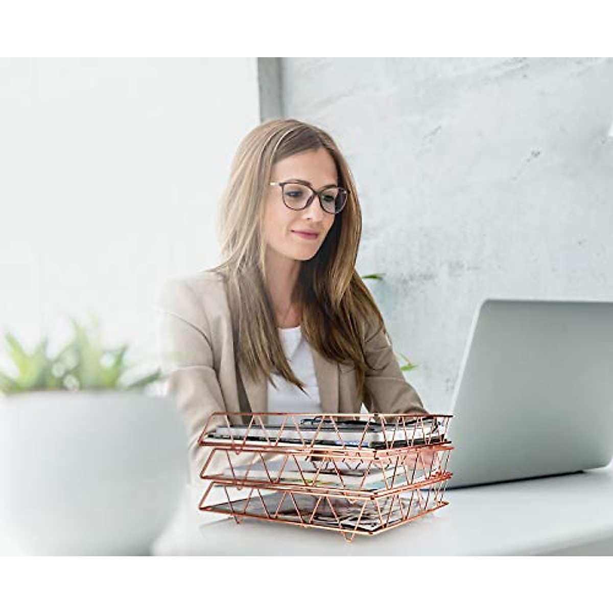 3 NRU, 3 Tier Organizer, File Tray, Rose Gold, Metal Letter, Tray File Organizer