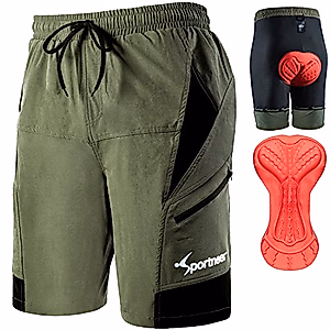 Sportneer Mens Mountain Bike Shorts - 3D Padding MTB Cycling Shorts for Men with Liner and Loose Fit (Large, Green)