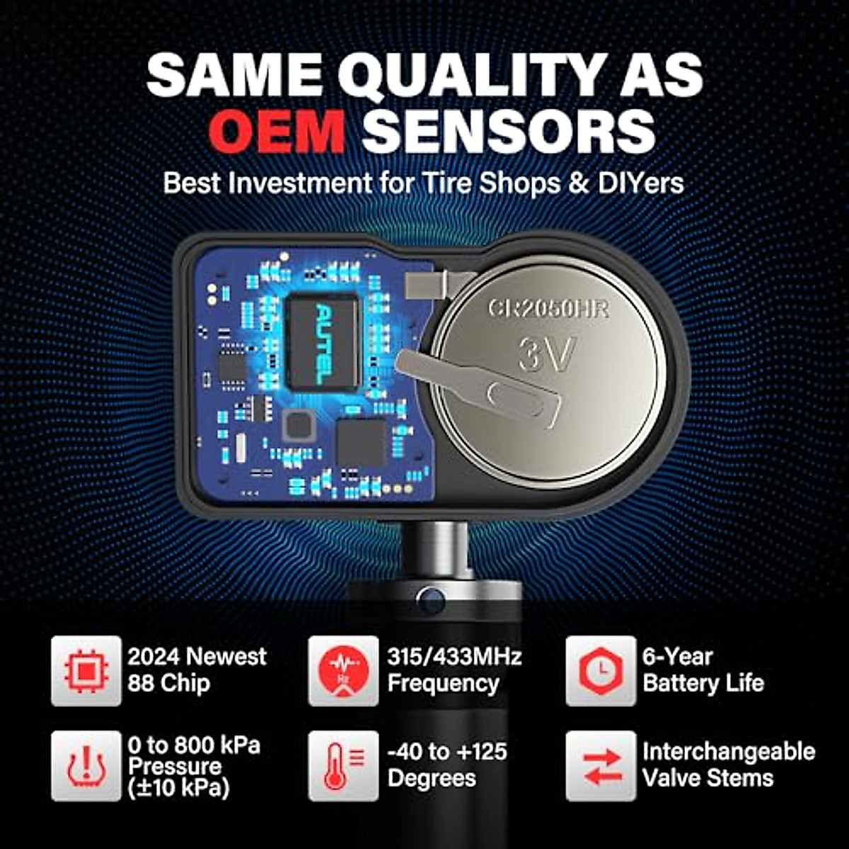 Autel TPMS Sensor Set of 4, MX-Sensor 2in 1 Dual Frequency 315MHz + 433MHz Press-in OE-Level Universal TPMS Sensors Programmable by Autel TPMS Tool Compatible with TS408S TS508WF TS601 (Metal Valves)