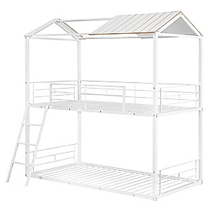 EMKK Twin Over Twin Metal Bunk Bed,House Shaped Low Bunk Beds w/Safety Guardrail & Ladder,Twin Over Twin Bunk Beds for Kids Girls Boys Toddlers,Metal House Bunk Bed Frame with Ladder