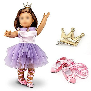 OCT17 Fits Compatible with American Girl 18" Ballet Outfit 18 Inch Doll Clothes Accessories Costume Set Purple Dress Golden Crown Pink Ballet Shoes