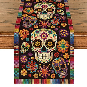 Artoid Mode Flowers Sugar Skull Mexican Day of The Dead Table Runner, Dia De Los Muertos Kitchen Dining Table Decoration for Home Party Decor 13x72 Inch