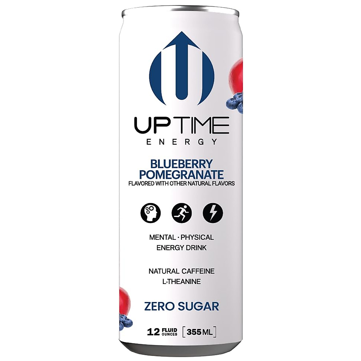 UPTIME Energy Drink, Blueberry Pomegranate, 12 Pack, Vitamin C, L Theanine, Calcium, Sugar Free Energy Drinks for Focus Support, 142mg of Natural Caffeine, 0 Calories, Clean, Natural, 12 fl oz Cans