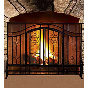 Plow & Hearth Metal Fireplace Screen Glass Floral Black | 44" W x 33" H | 2 - Door | Spark Guard Indoor Grate | Iron Fire Place Cover | Wood Burning Stove Decorative Accessories