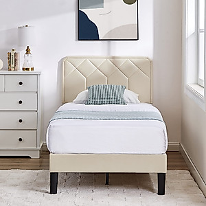 VECELO Twin Size Bed Frame Premium Leather Upholstered Platform with Height Adjustable Headboard/Mattress Foundation, Solid Wooden Slat Support, No Box Spring Needed/Easy Assembly