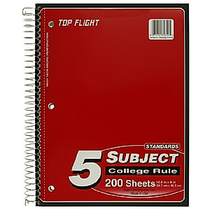 Top Flight Standards 5-Subject Wirebound Notebook, 200 Sheets, 3-Hole Punched, College Rule, 10.5 x 8 Inches, 1 Notebook, Color May Vary (31820)