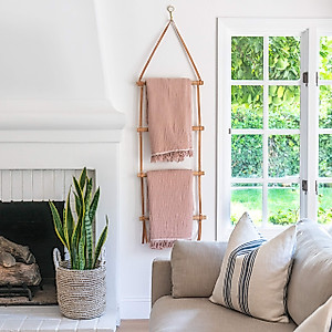 Sandstone & Sage Wall Hanging Blanket Ladder with Leather Straps | Handcrafted Decorative Wooden Ladder Shelf Made from Sustainable Wood | Boho Farmhouse Decor Throw or Towel Ladder 5 ft Total Length