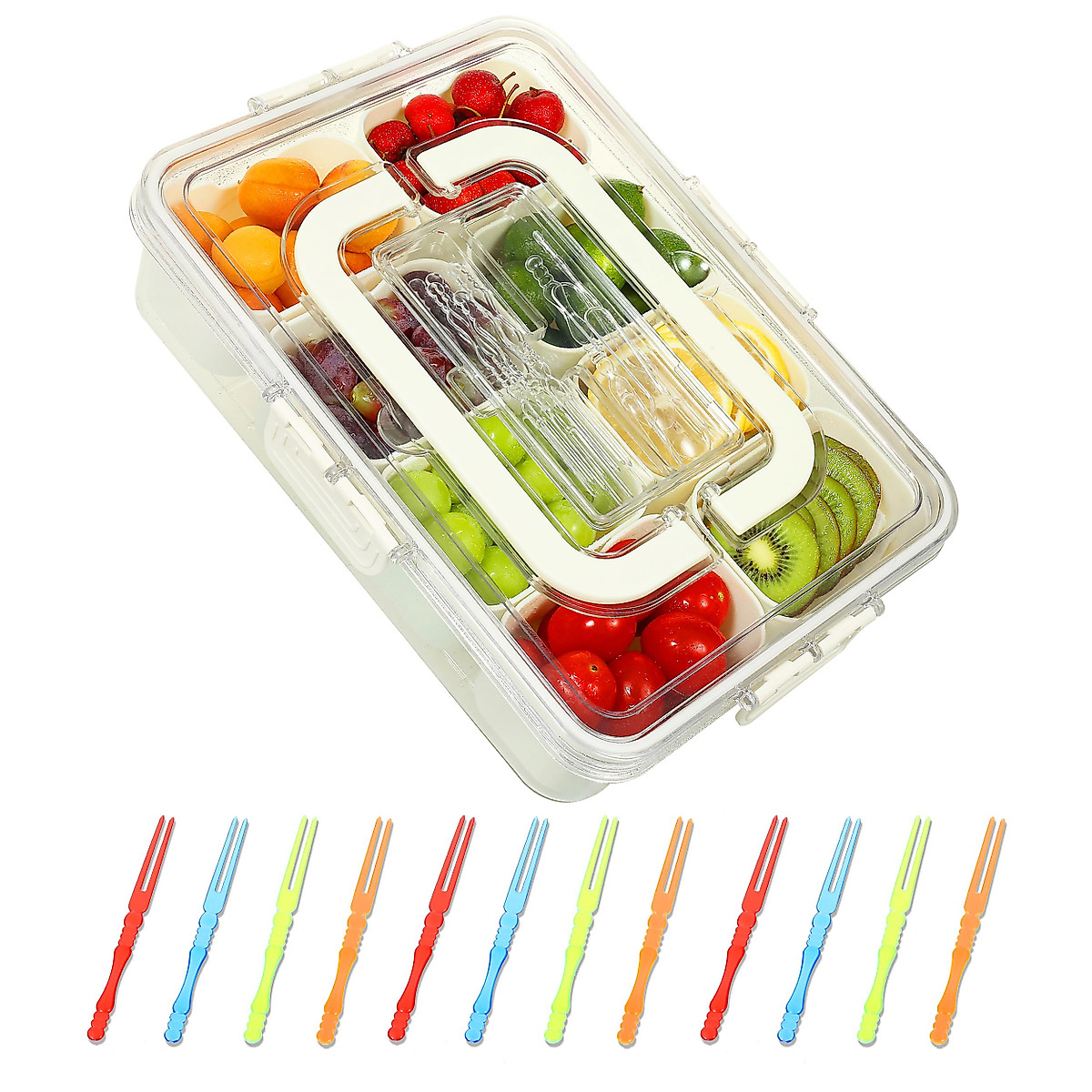 Divided Serving Tray with Lid and Handle, Snackle Box Charcuterie Container with 8 Compartments & 80 Fruit Forks and 2 Serving Spoons, Snack Container Snack Box for Party, Fruit, Picnic,1 Pack
