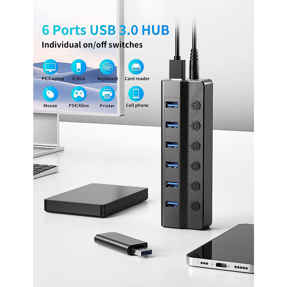 6-Port USB 3.0 Hub, LURMMUE USB Splitter for Laptop with Individual On/Off Switches and Light, 3ft Long Cord, USB Port Hub Extension for PC and Computer