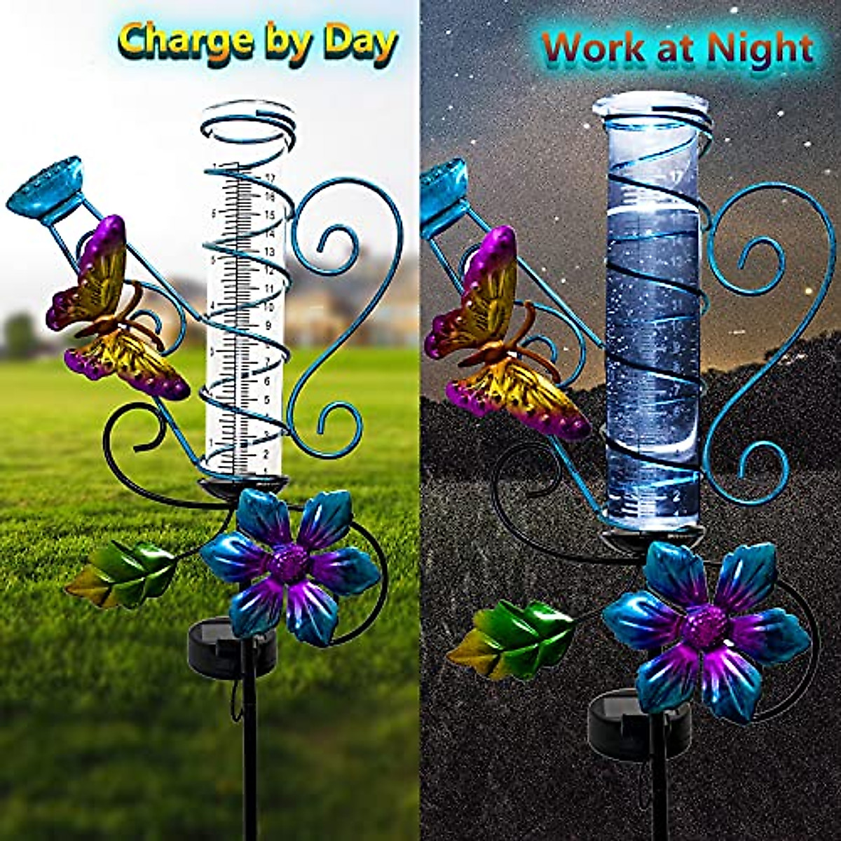 HOBYLUBY 37‘’ Butterfly Rain Gauges with Solar Lights for Outdoor Decorations, Garden, Yard, Lawn, Patio, Backyard Décor
