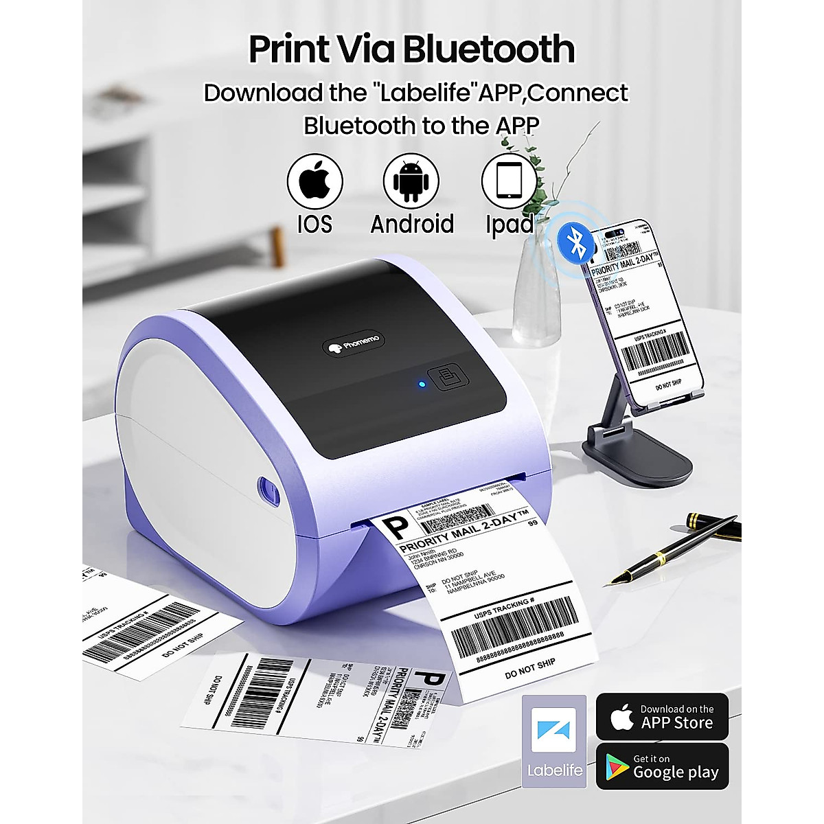 Phomemo Bluetooth Thermal Label Printer 4X6 - D520BT Wireless Shipping Label Printer Build-in Holder, Thermal Label Maker for Return Shipping Package, Compatible with Amazon, USPS, Shopify, Ebay