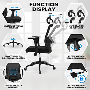 balmstar Ergonomic Office Mesh Chair, High Back Swivel Comfty Desk Chairs- 3D Armrest Adjustable Lumbar Support Capacity 400lbs and Headrest Wide for Home & Office, Bedroom (Black)