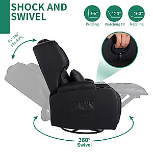 URRED Nursery Rocking Chair Glider, Swivel Rocker Recliner Chairs, Glider Rocker Nursery Recliner with Cup Holders, Side Pockets, Manual Recliner, Faux Leather (Black)