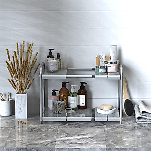 Simple Houseware Under Sink 2 Tier Expandable Heavy Duty Metal Shelf Organizer Rack, Silver (Expand from 15 to 25 inches)