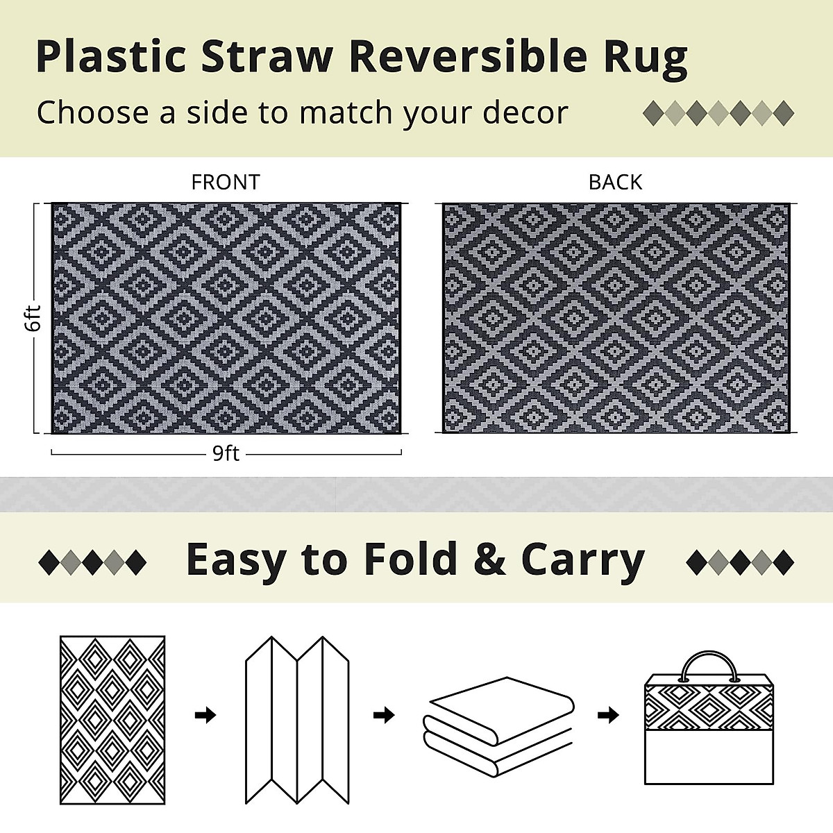 Outdoor Camping Rug Waterproof 6x9FT, Large Reversible Stain&UV Resistant Plastic Straw RV Rug for Outside Patio Pool Deck Beach Indoor, Area Carpet Mat with Portable Bag&4 Stakes-Black Grey Rhombus
