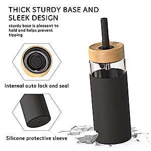 Tronco 20oz Glass Water Bottle with Bamboo Lid, Reusable Glass Water Tumbler with Straw and Silicone Sleeve, Glass Boba Cup,Leak Proof, BPA Free,Dishwasher Safe