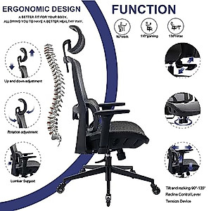 resiova Office Chair Ergonomic Computer Chair,High Back Mesh Chairs,Computer Chair with Lumbar Support and Retractable Armrests,Swivel Mesh Office Chair for Home Office and Study,Grey