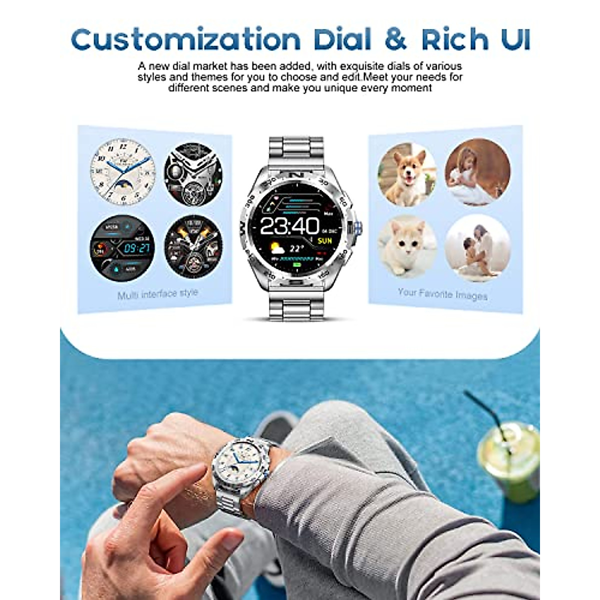 Smart Watches for Men, Smartwatches with Bluetooth Voice Call, 1.32" Touchscreen Smart Watch for Android iOS with Heart Rate/Sleep Monitor/20 Sports, IP67 Waterproof Split Screen Fitness Watch, Silver