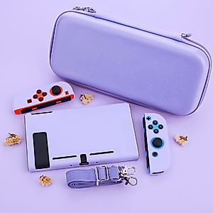 FANPL Case bundle for Nintendo Switch Accessories, Carrying Case for Switch and Joy Con Controller with Soft TPU Protective Cover and Screen protector, 4 Thumb Grips, Shoulder Strap - Purple