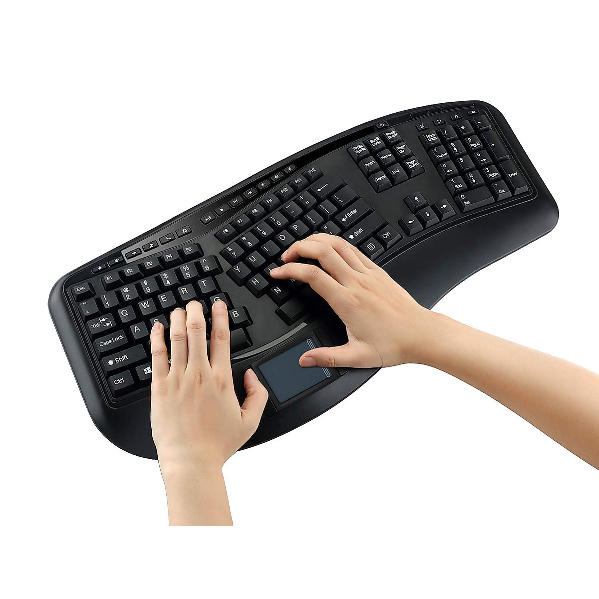 Adesso WKB-4500UB - Wireless Ergonomic Desktop Touchpad Keyboard, Split Keys Design, Palm Rest, Media Control Hotkeys, Long Battery Life - Compatible for Laptop/Desktop, Black