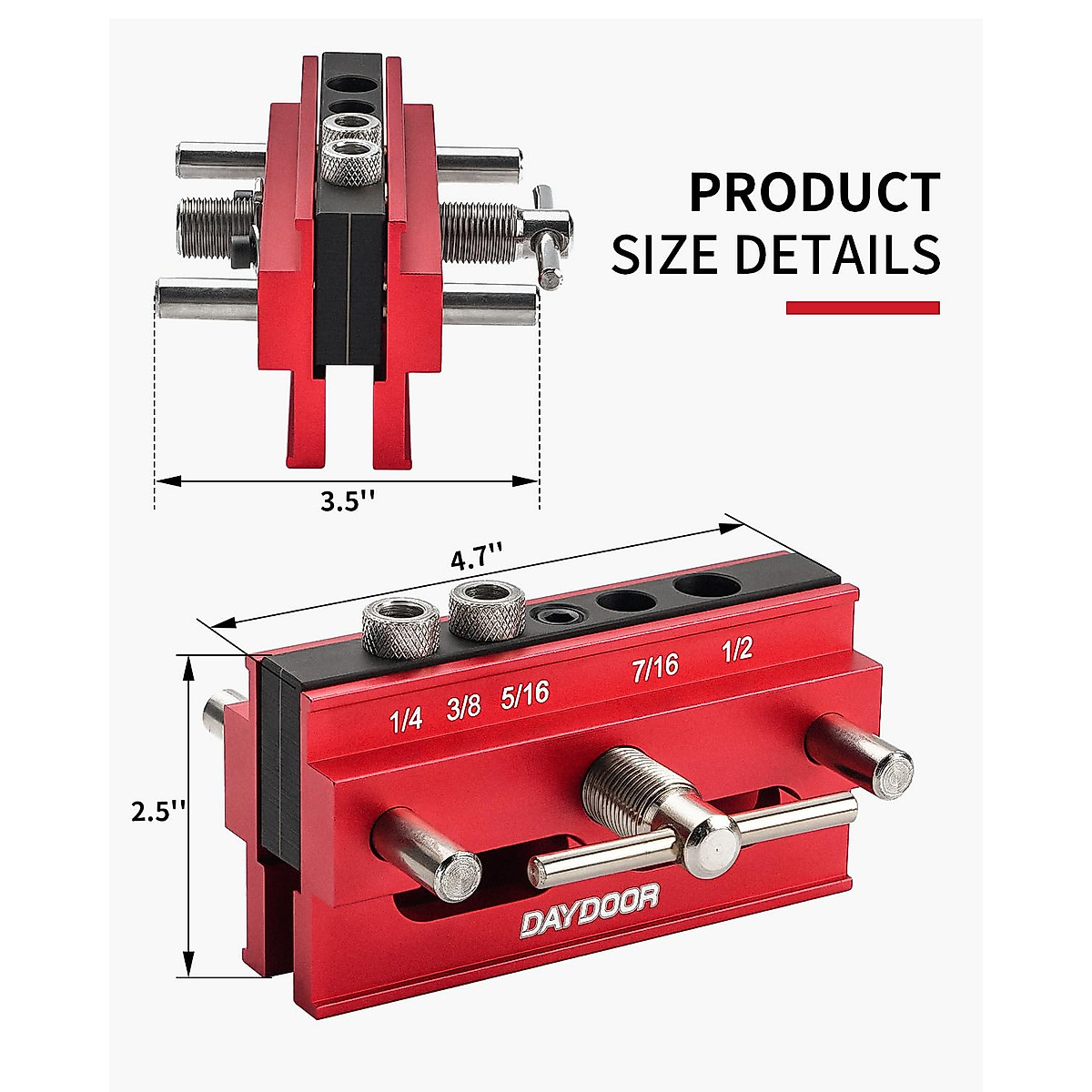 DAYDOOR Self Centering Doweling Jig, Adjustable Width Dowel Jig for Straight Holes, Biscuit Joiner Set with 6 Bushings and 3 Drill Bits(Red)