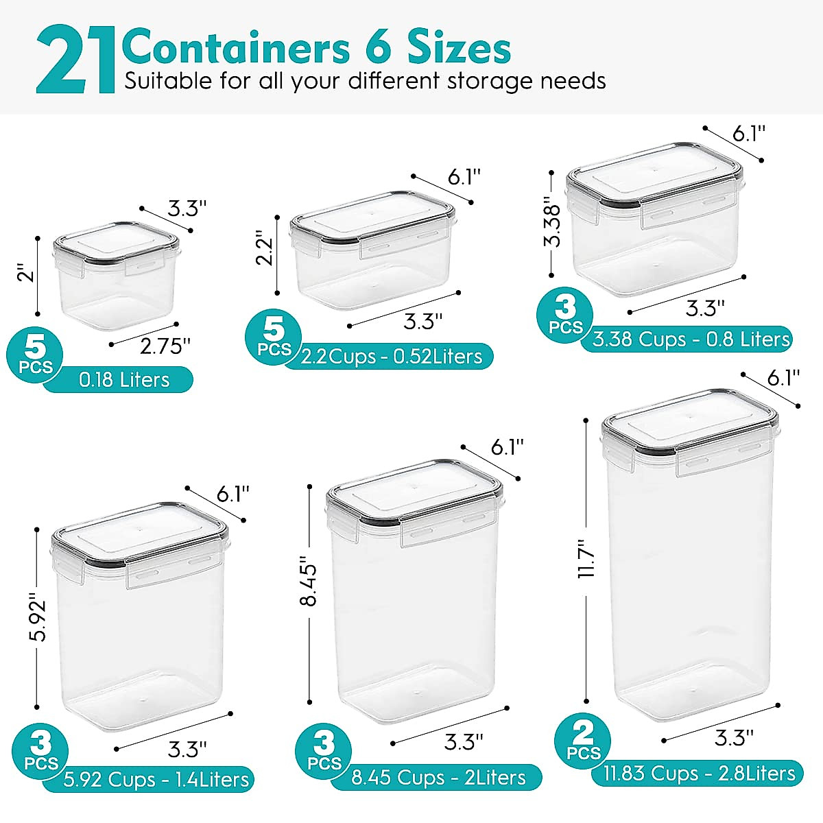 21 Pack Airtight Food Storage Containers Set, Kitchen & Pantry Organization Containers for Cereal, Flour & Sugar, BPA Free Plastic Cereal Container with Easy Lock Lids, Labels, Marker & Spoon Set