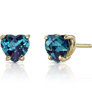 Peora 14K Yellow Gold Created Alexandrite Heart Stud Earrings for Women, Color-changing Solitaire Studs, 6mm, 2 Carats total, Friction Back